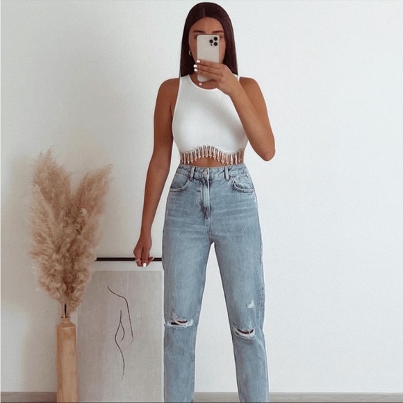 Zara | Tops | New Zara White Seamless Rhinestone Top | Poshmark